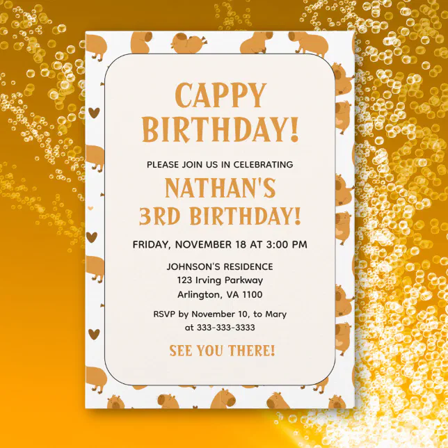 Soft Brown Capybara Kids Fun Cappy Birthday Invitation | Zazzle