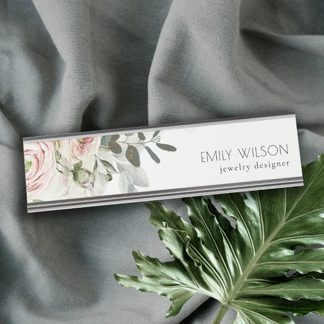 Soft Chic Blush Pink Peony Leafy Botanical Floral Desk Name Plate | Zazzle