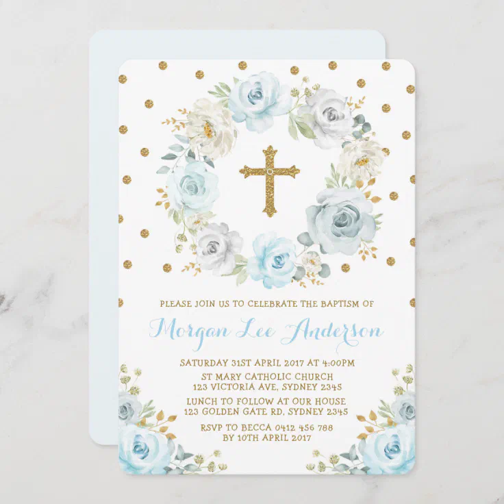 Soft Dusty Blue Gold Floral Baptism Christening Invitation | Zazzle