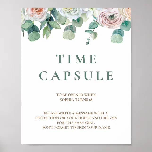 Soft Floral Eucalyptus Baby Shower Time Capsule Poster | Zazzle