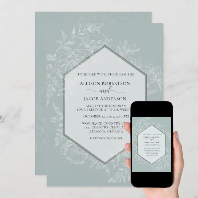 Soft Green Geometric Floral Tapestry Wedding Invitation | Zazzle