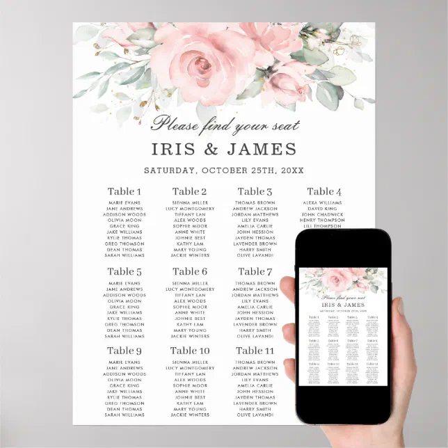 Soft Hued Pink Floral Leafy Wedding Seating Chart | Zazzle