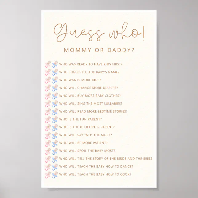 Soft Neutral Baby Shower Guess Who Game Poster | Zazzle