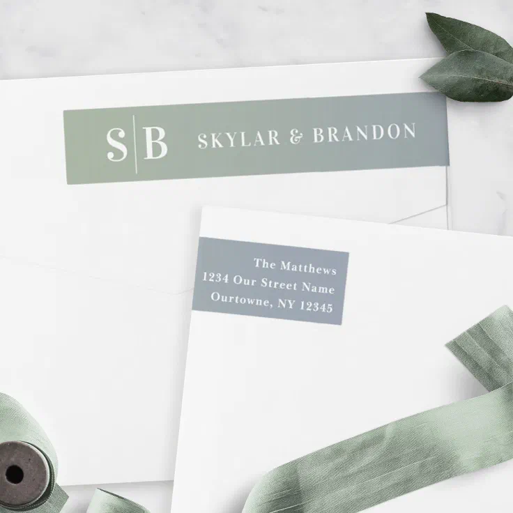 Soft Ombre Dusty Blue & Green Wedding Monogrammed Wrap Around Label ...