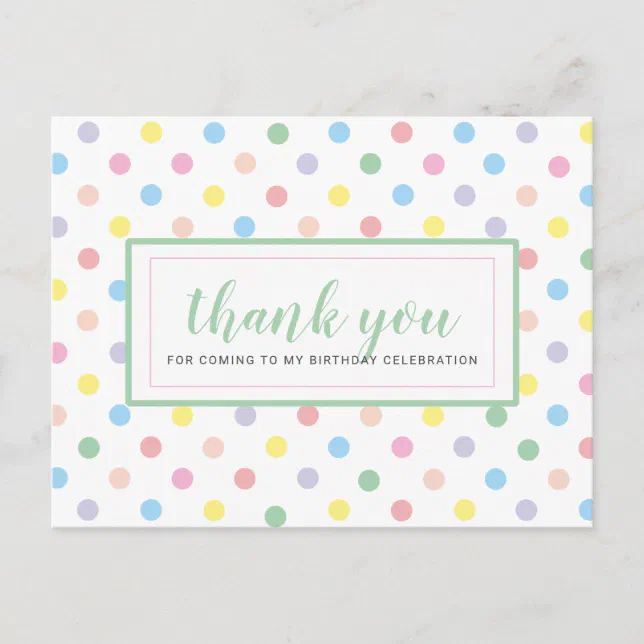 Soft Pastel Polka Dots Birthday Party Thank You Postcard | Zazzle