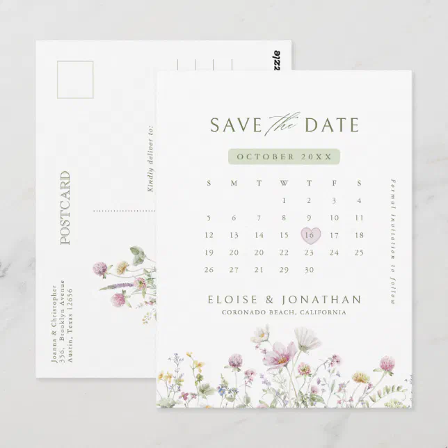 Soft Pastel Wildflower Calendar Save the Date Postcard | Zazzle