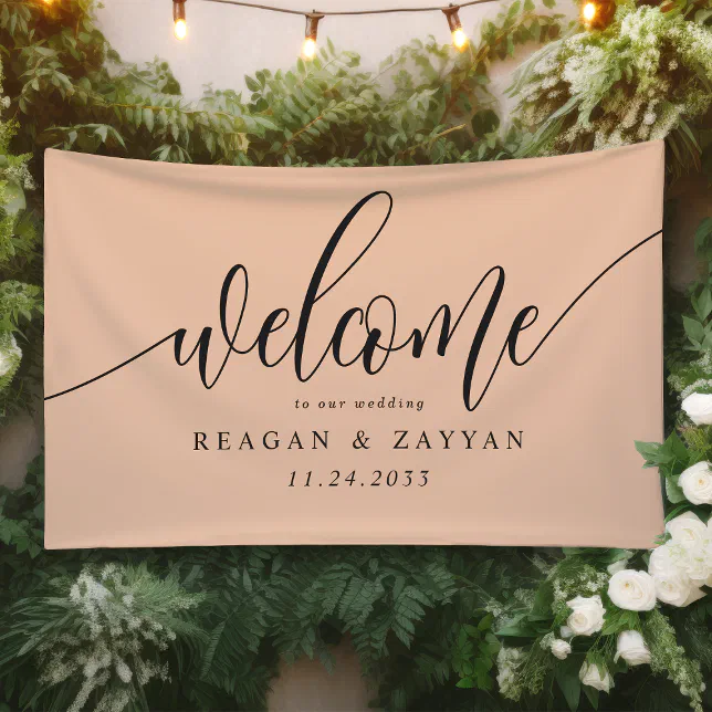 Soft Peach Calligraphy Simple Wedding Welcome Banner | Zazzle