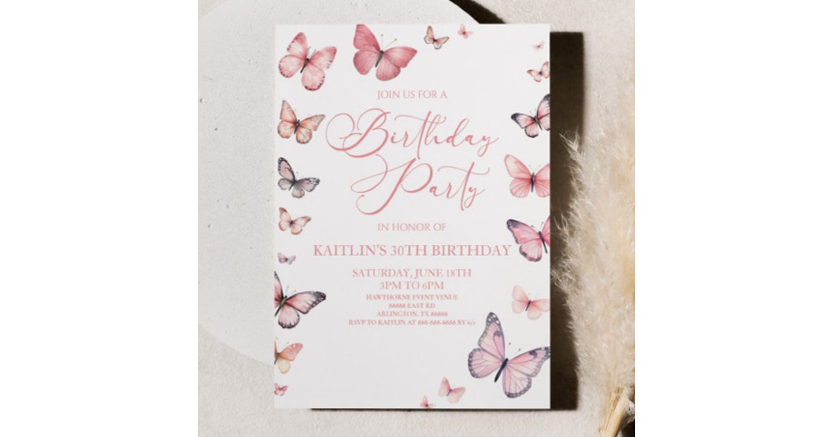 Soft Pink Butterfly Birthday Party Invitation | Zazzle