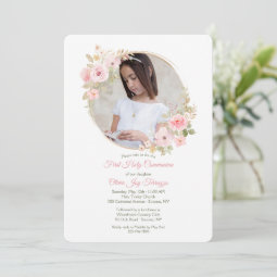 Soft Pink Floral Photo Communion Invitation | Zazzle