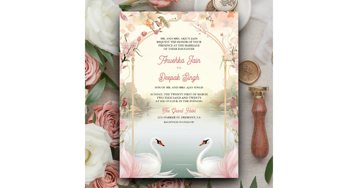 Soft Pink Floral Romantic Swans Indian Wedding Invitation | Zazzle