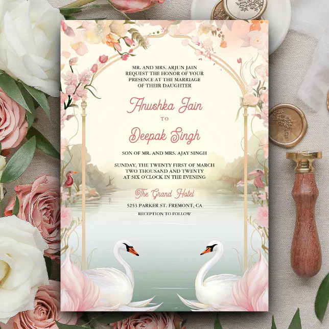 Soft Pink Floral Romantic Swans Indian Wedding Invitation | Zazzle