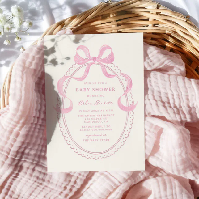 Soft Pink Hand Drawn Bow Frame Baby Shower Invitation | Zazzle