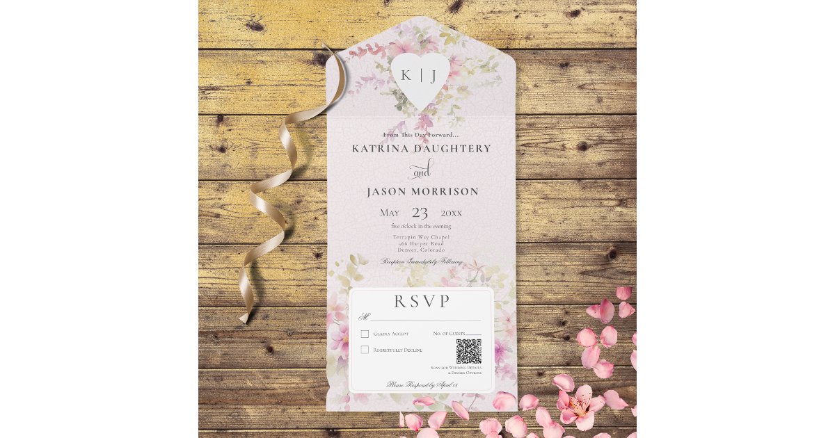 Soft Pink Romantic Heart Vintage Floral QR Code All In One Invitation ...