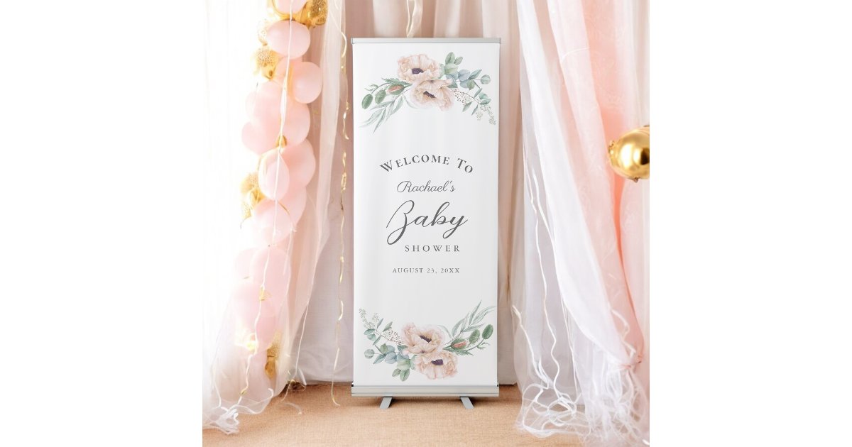 Soft Pink Watercolor Floral Girl Baby Shower Retractable Banner | Zazzle