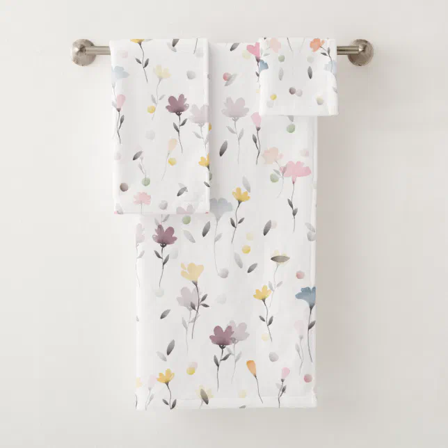 Soft Pretty Watercolor Flower Pattern White Bath Towel Set | Zazzle