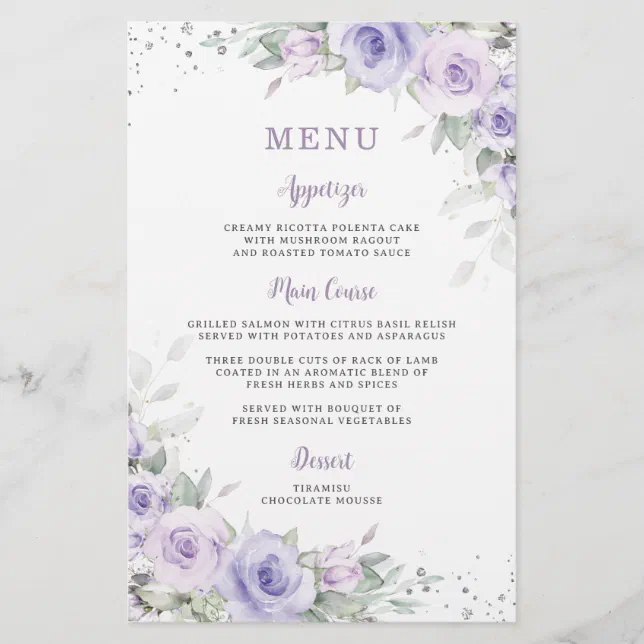 Soft Purple Lavender Floral Greenery Menu Sheet | Zazzle