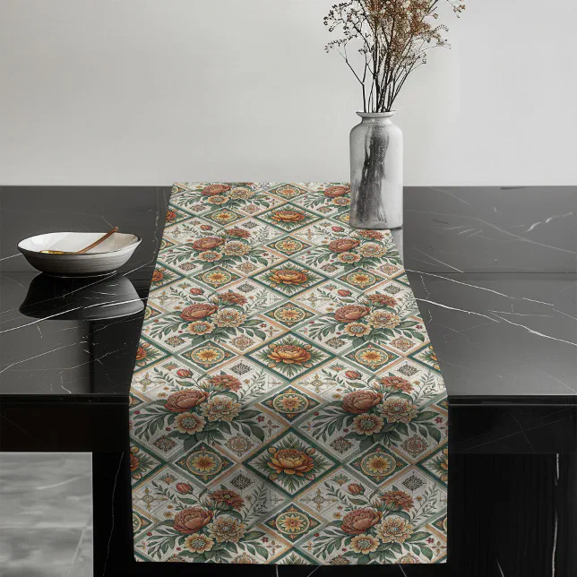 Soft Shabby Chic Vintage Roses and Green Tiles Long Table Runner | Zazzle