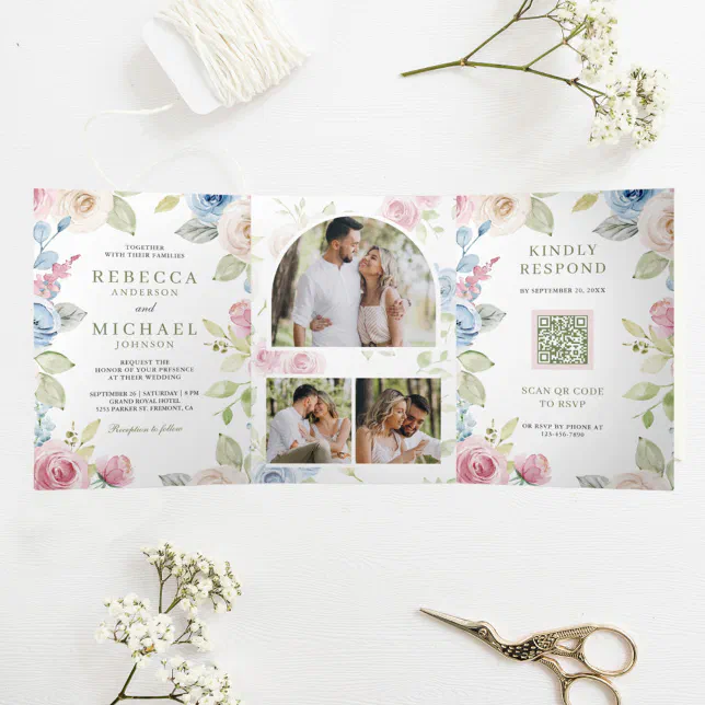 Soft Spring Floral All in One QR Code Wedding Tri-Fold Invitation | Zazzle