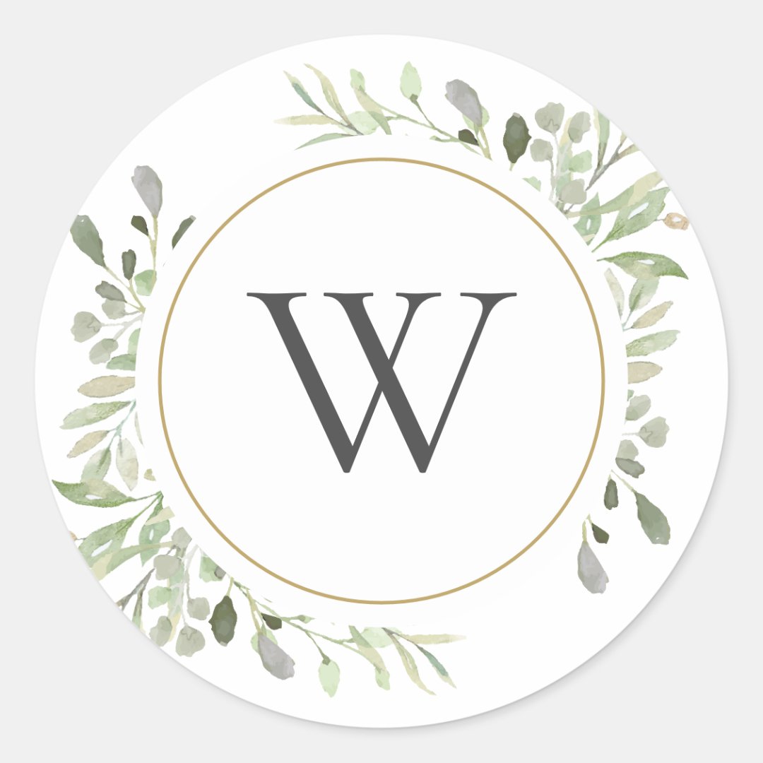 Soft Spring Leaves Greenery Monogram Initial Classic Round Sticker | Zazzle