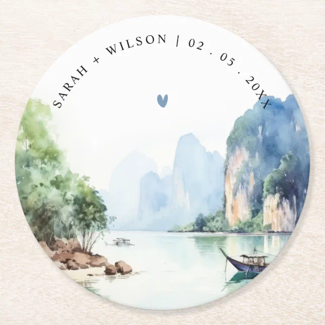 Soft Watercolor Coastal Thailand Seascape Wedding Round Paper Coaster ...