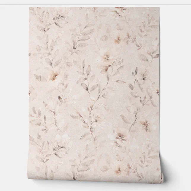 Soft watercolor floral branches neutral beige wallpaper | Zazzle