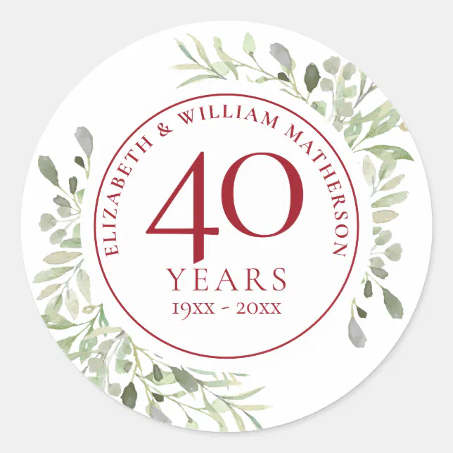 Soft Watercolour Leaves 40th Anniversary Classic Round Sticker | Zazzle