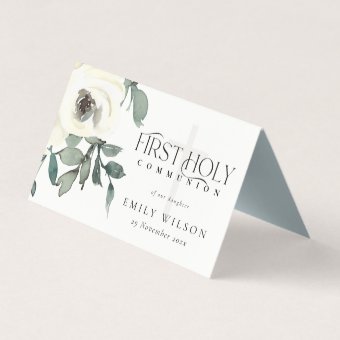 SOFT WHITE FLORAL FIRST HOLY COMMUNION PLACE CARD | Zazzle