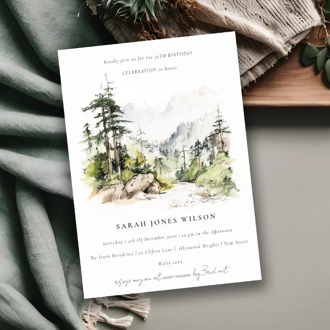 Soft Woods Mountain Landscape Sketch Birthday Invitation | Zazzle