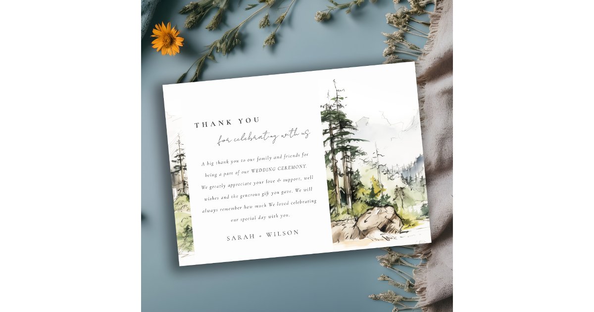Soft Woods Mountain Landscape Sketch Wedding Thank You Card | Zazzle