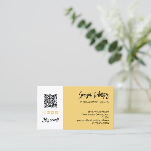 Soft Yellow QR Code Photo Social Media Icons Business Card | Zazzle