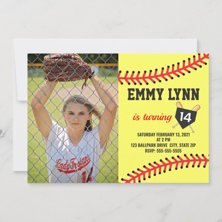 Softball Birthday Photo Invitation | Zazzle