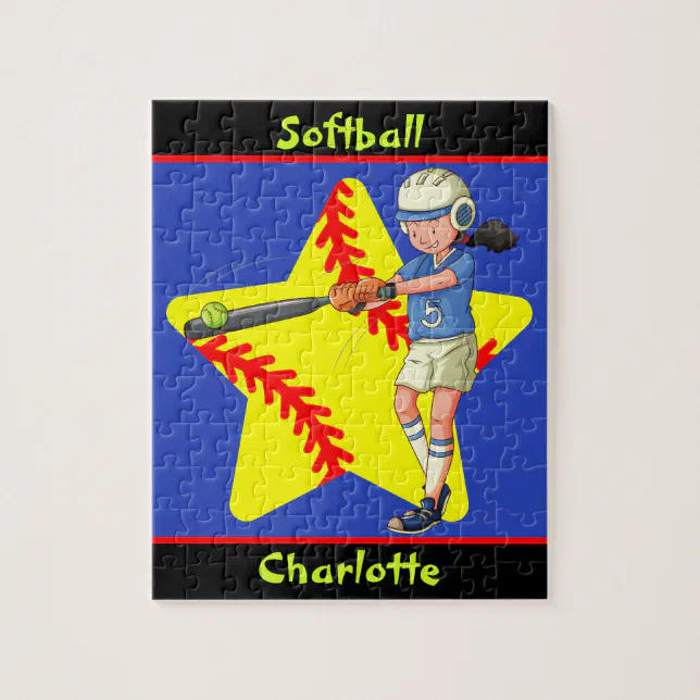 Softball Girls Star Batter Swing Personalized Jigsaw Puzzle | Zazzle