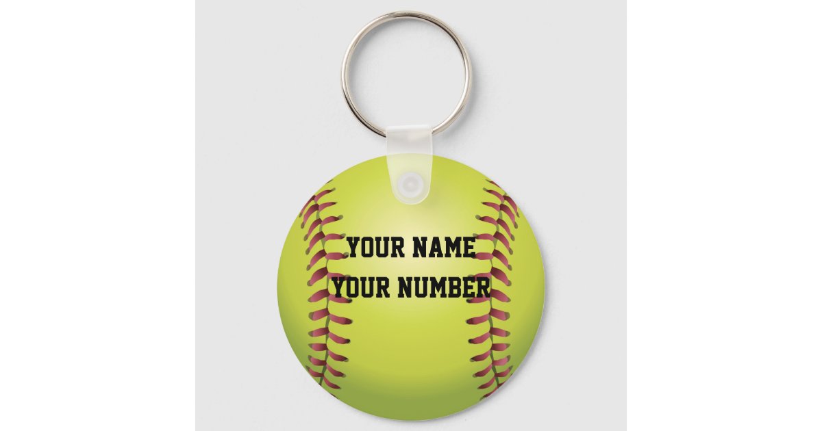 Softball Keychain ID Tag YOUR NAME & Number | Zazzle