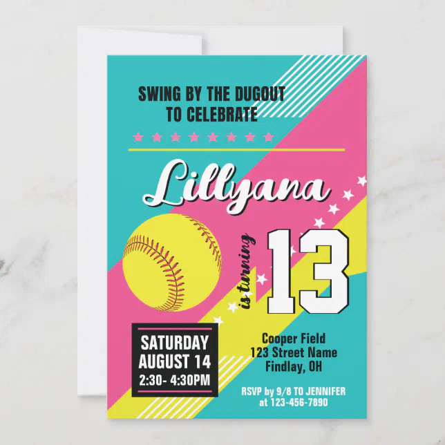 Softball Pink Teal Yellow Birthday Party, Any Age Invitation | Zazzle