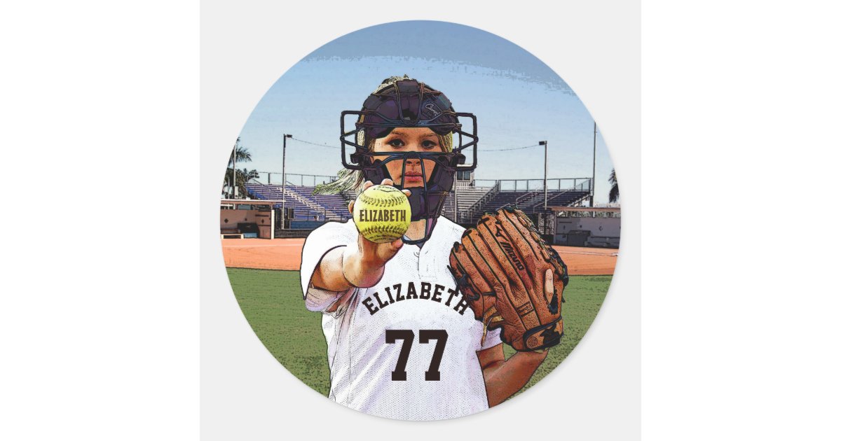 Softball Player Catcher With Your Name And Number Classic Round Sticker ...