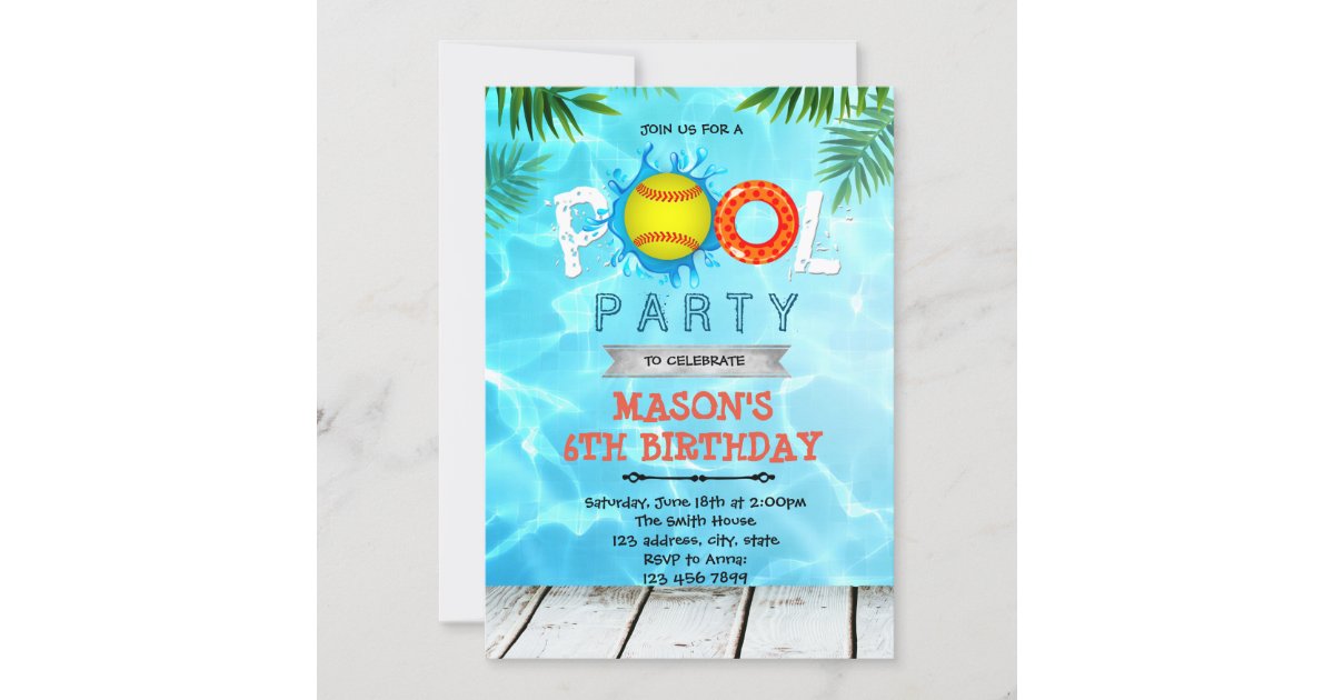 Softball Pool birthday Party invitation | Zazzle