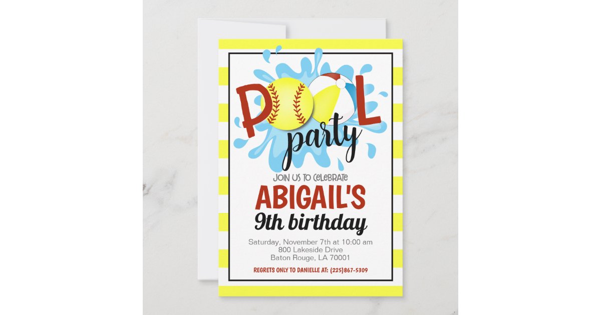 Softball Pool Party Birthday Invitation | Zazzle