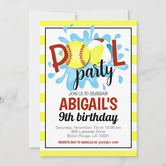 Softball Pool Party Birthday Invitation | Zazzle