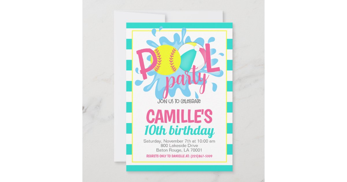 Softball Pool Party Birthday Invitation | Zazzle