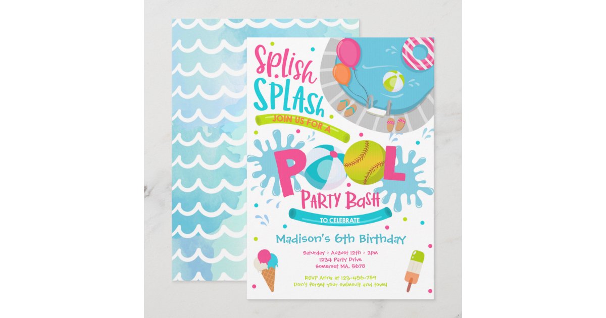 Softball Pool Party Splish Splash Pool Birthday Invitation | Zazzle