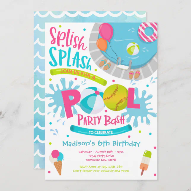 Softball Pool Party Splish Splash Pool Birthday Invitation | Zazzle