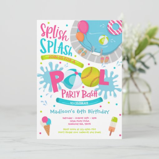 Softball Pool Party Splish Splash Pool Birthday Invitation | Zazzle