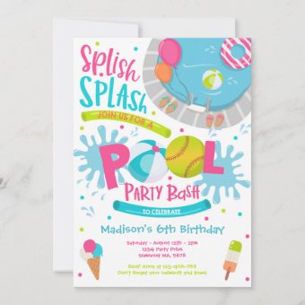 Softball Pool Party Splish Splash Pool Birthday Invitation | Zazzle