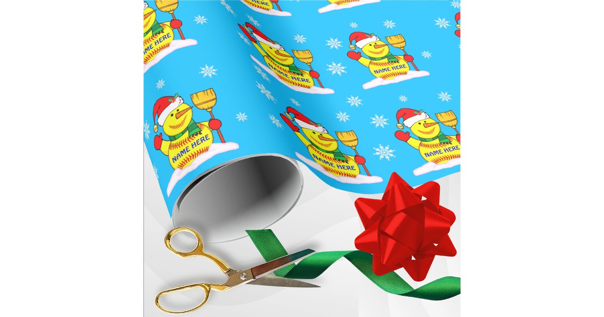 Softball Snowman Softball Wrapping Paper with NAME | Zazzle