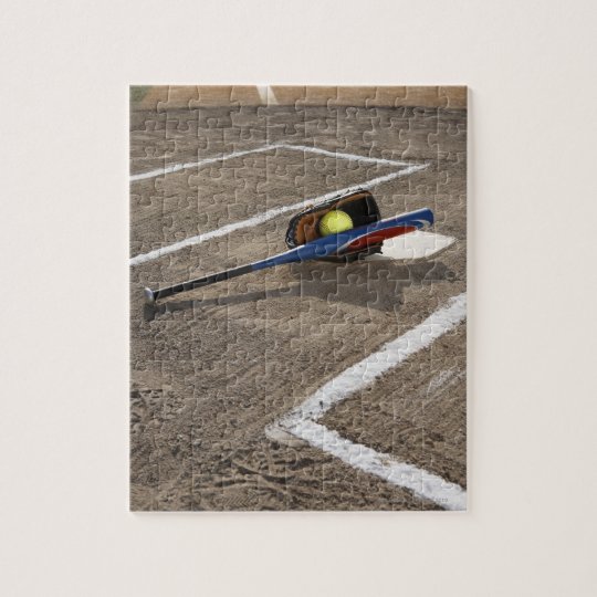 Softball, softball glove and bat at home plate jigsaw puzzle | Zazzle.com