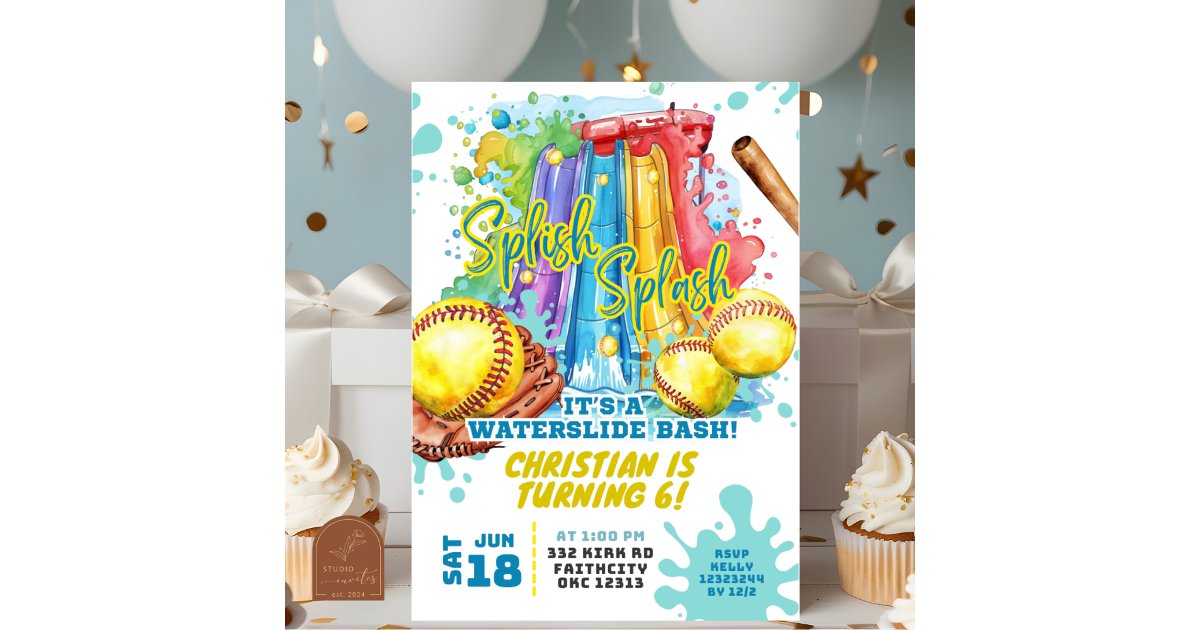 Softball Waterslide Pool Party Birthday Invitation | Zazzle
