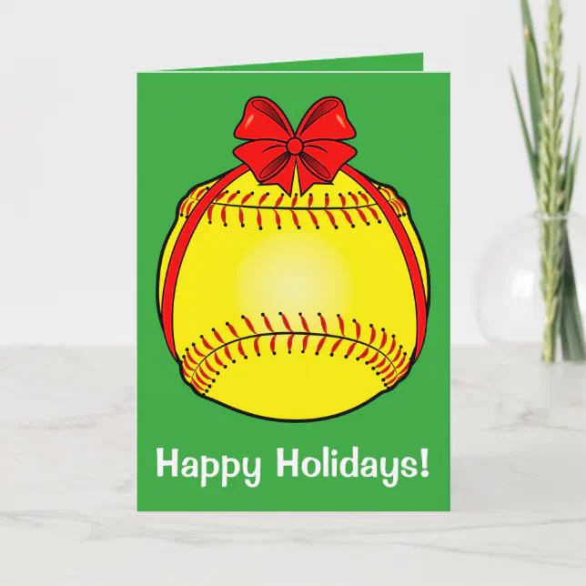Softball with a Bow at Christmas Holiday Card | Zazzle
