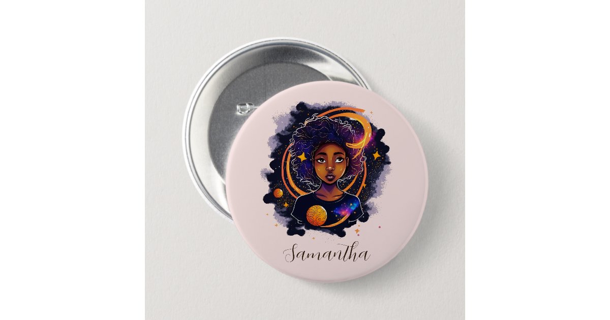 Solar System Afro Woman Button | Zazzle