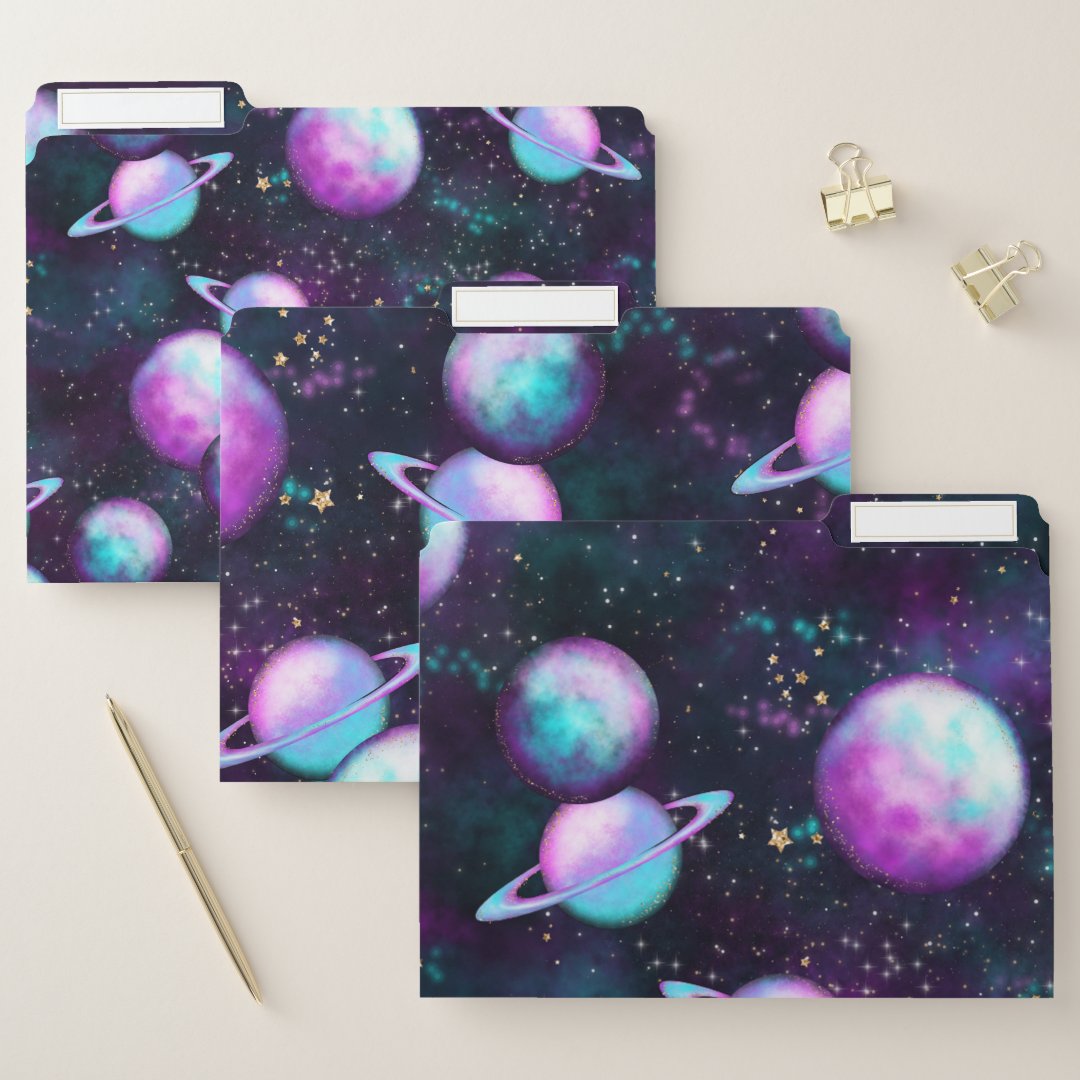 Solar System Glow | Cosmic Blue Purple Pink Planet File Folder | Zazzle
