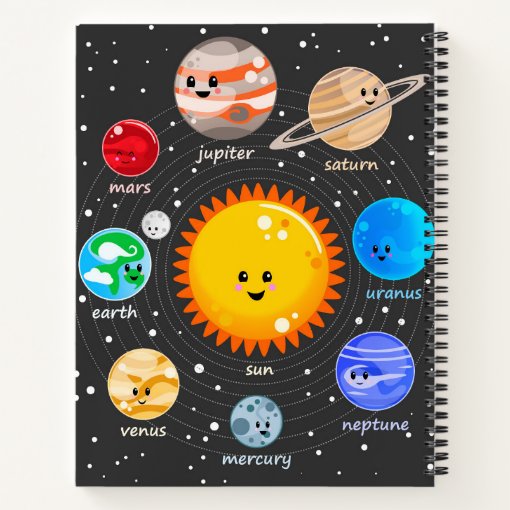 Solar system Kawaii happy planets stars chart Note Notebook | Zazzle